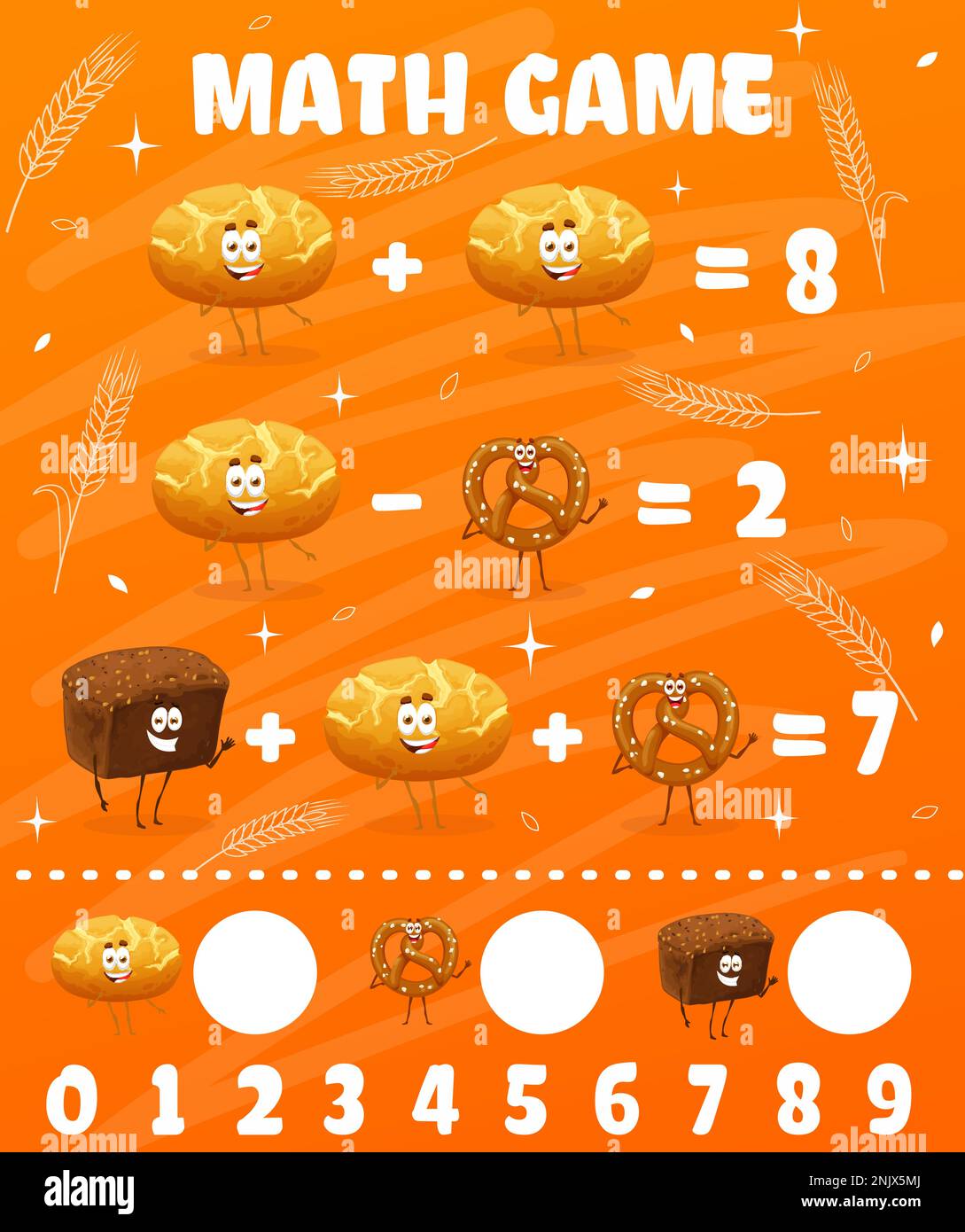 Cartoon bread and bakery characters. Math game worksheet. Kids ...
