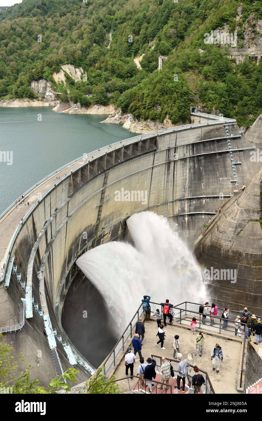 The Kurobe Dam releases water as a special show for visitors in ...