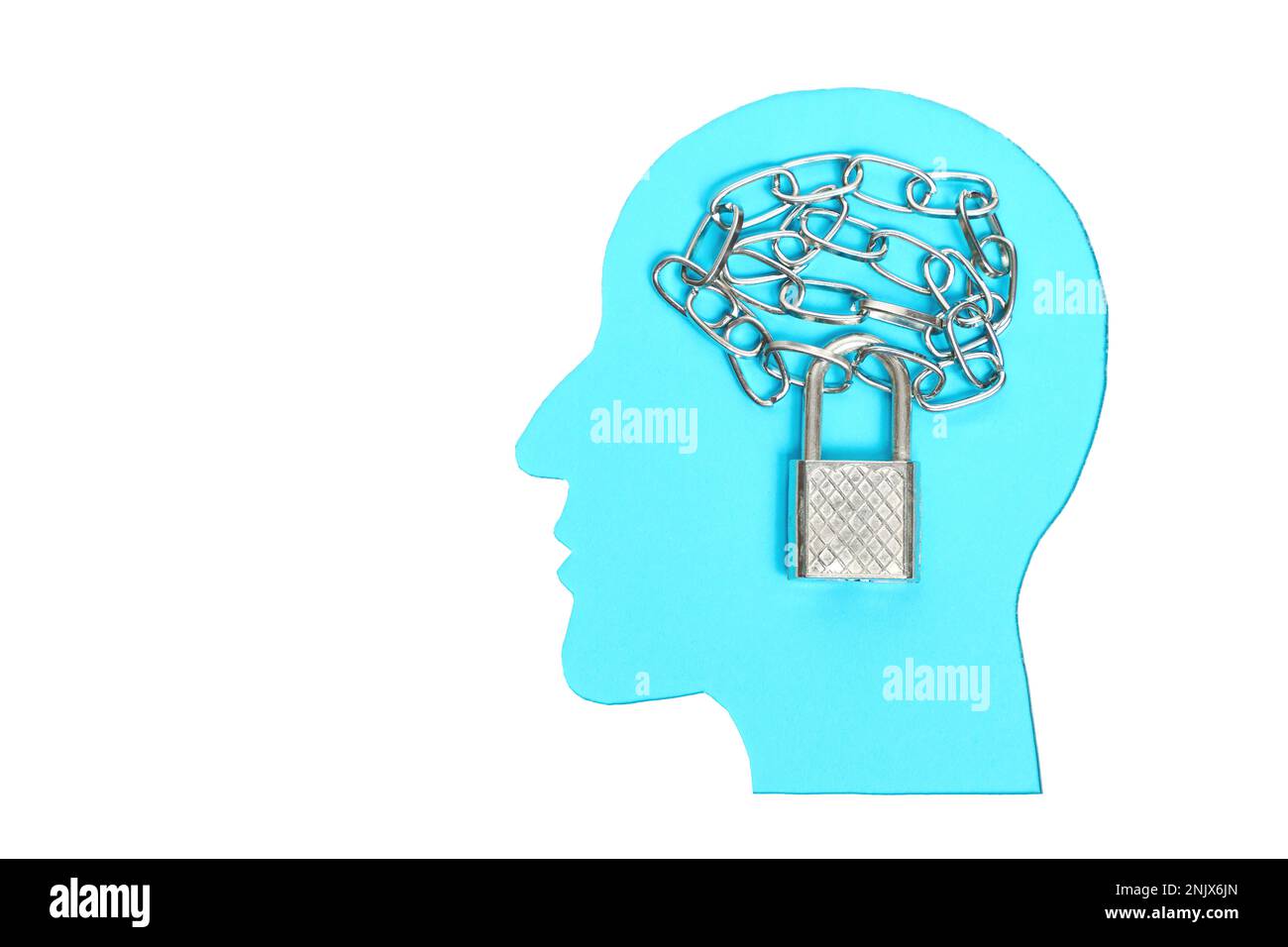Blue head silhouette with chained padlock on white. Creative personal ...