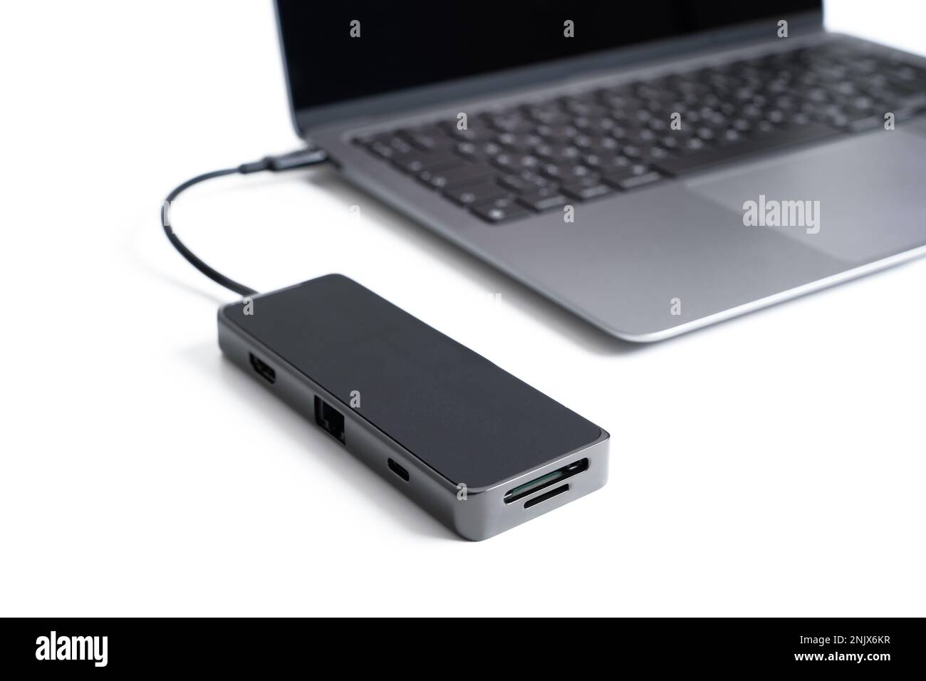 Sleek and modern usb-hub with multiple ports connected to a laptop ...