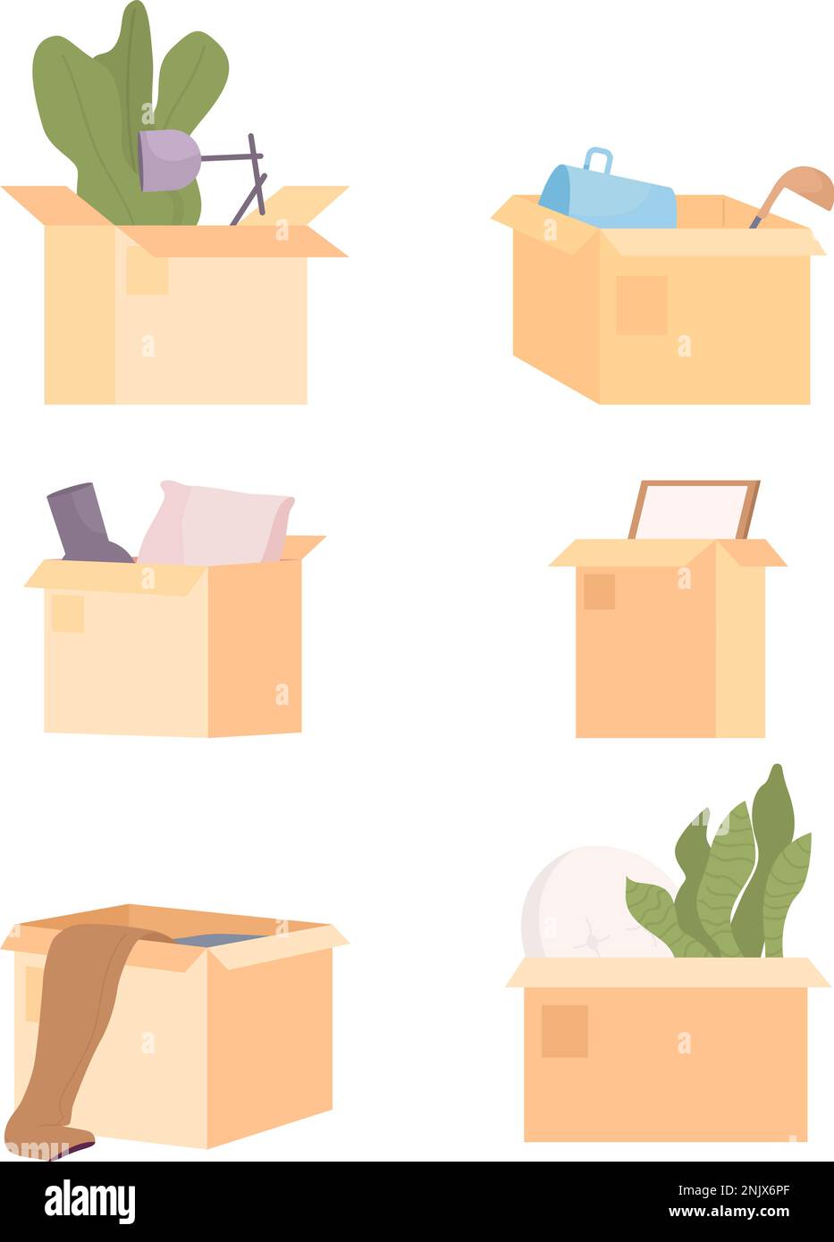 Open packing boxes with belongings semi flat color vector objects ...