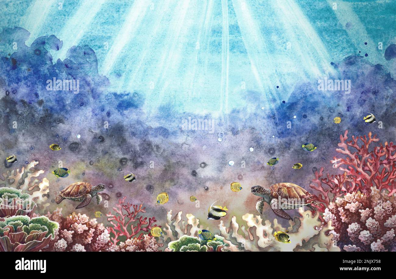 Background with underwater seascape. Watercolor hand drawn. For ...