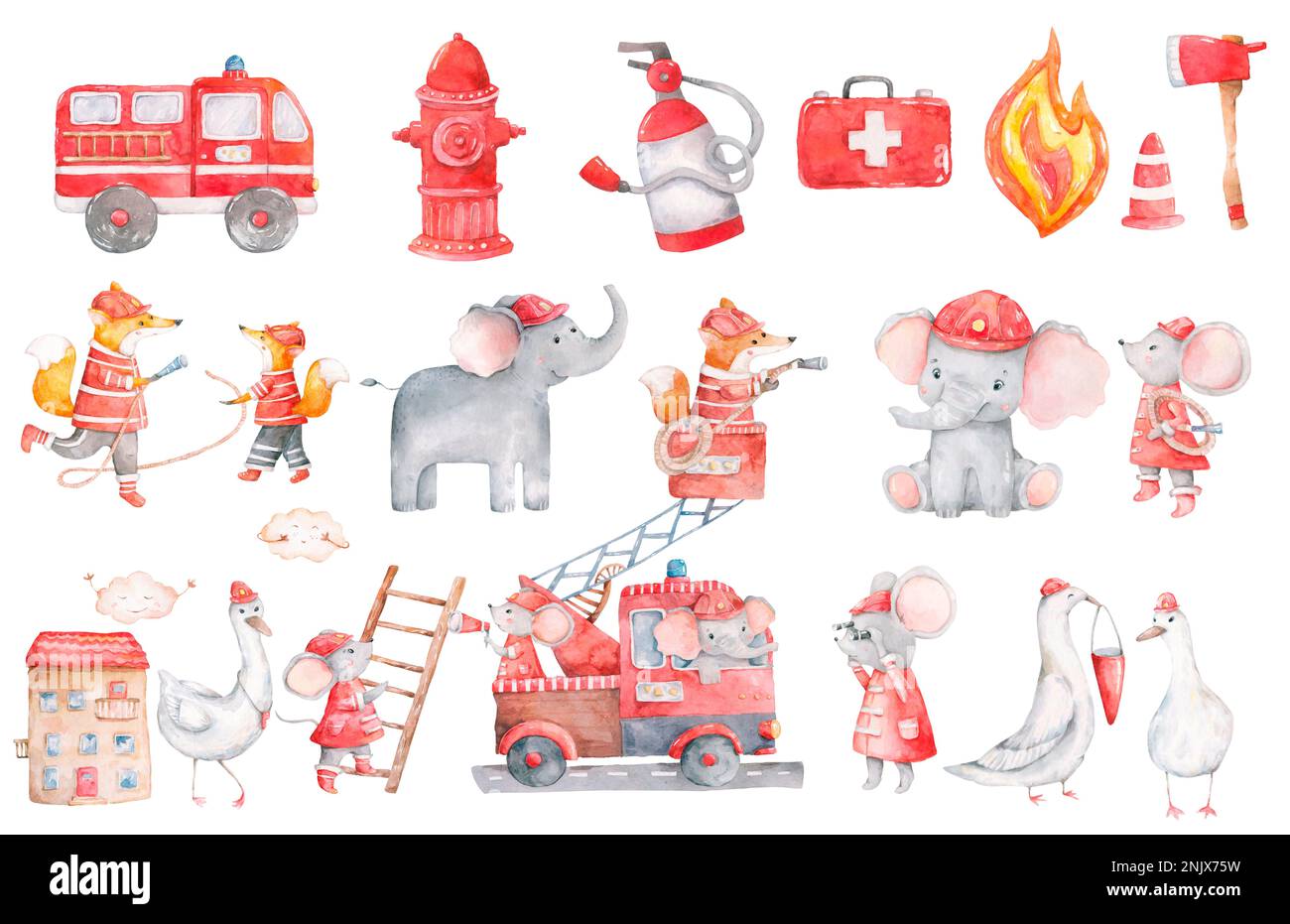 Firefighters watercolor illustrations. Animals firefighters cartoon set ...