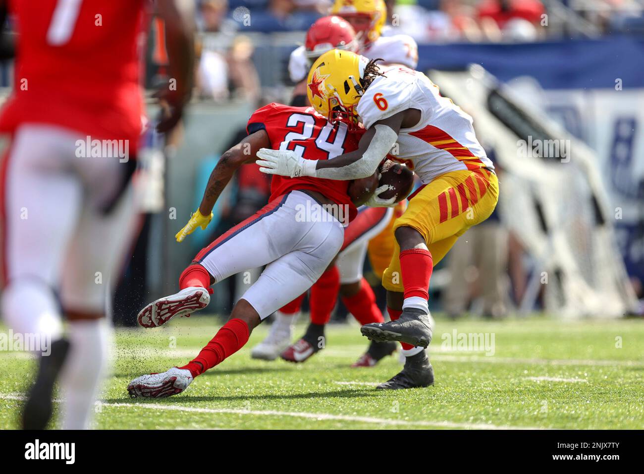 CANTON, OH - JUNE 25: A hit by New Jersey Generals safety Paris Ford ...