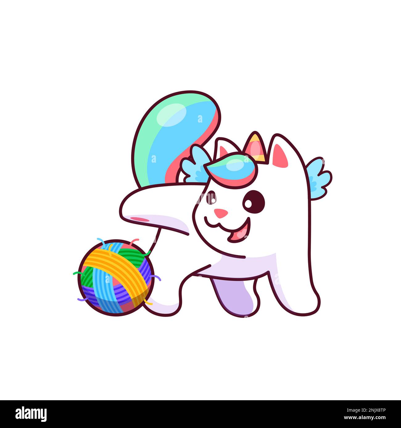 Cartoon cute kawaii caticorn character playing with clew. Vector ...