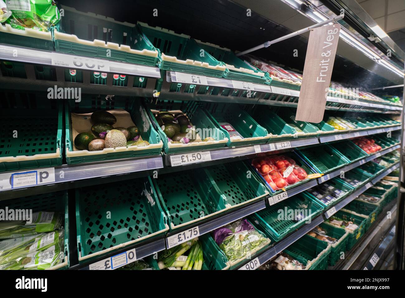 London, UK. 23 February 2023. Fruit and Vegetable shelves are at a ...