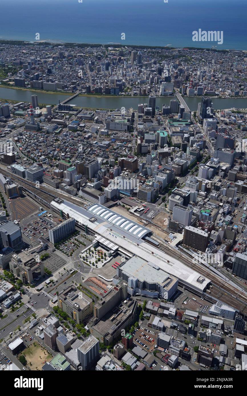 An aerial photo shows the Niigata Station in Niigata City, Niigata ...