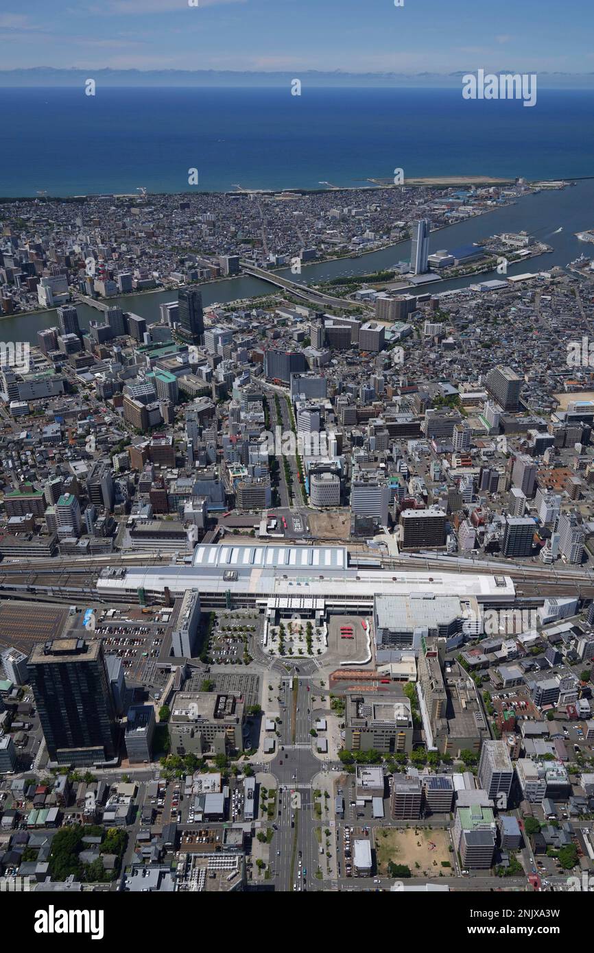 An aerial photo shows the Niigata Station in Niigata City, Niigata ...