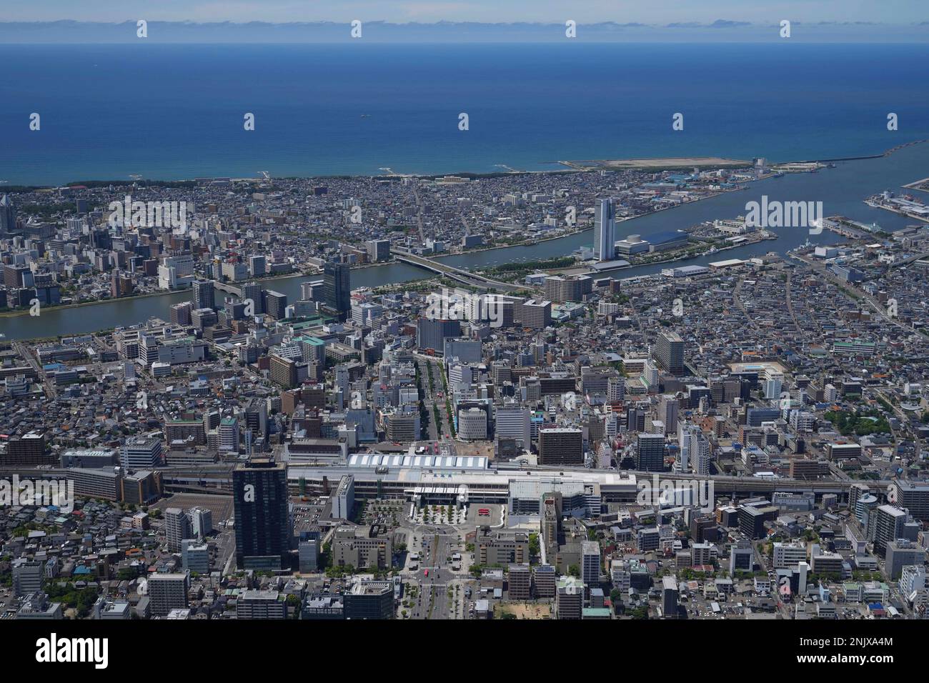 An aerial photo shows the Niigata Station in Niigata City, Niigata ...