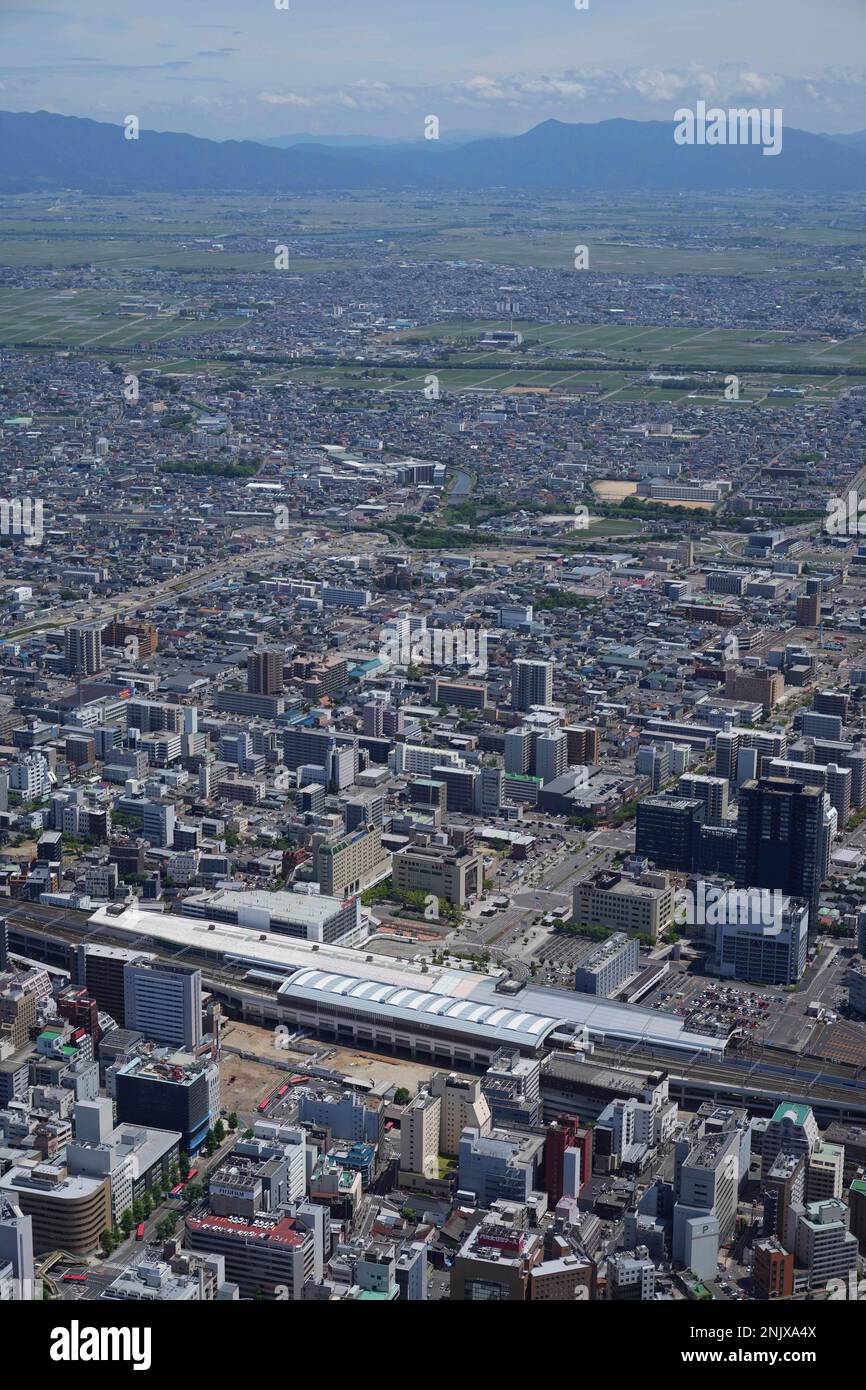 An aerial photo shows the Niigata Station in Niigata City, Niigata ...