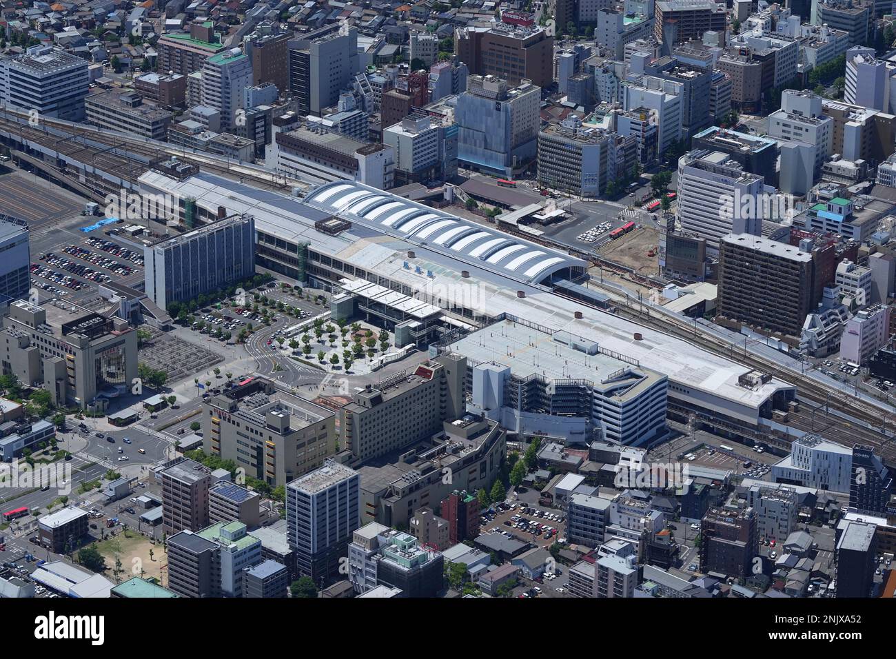 An aerial photo shows the Niigata Station in Niigata City, Niigata ...