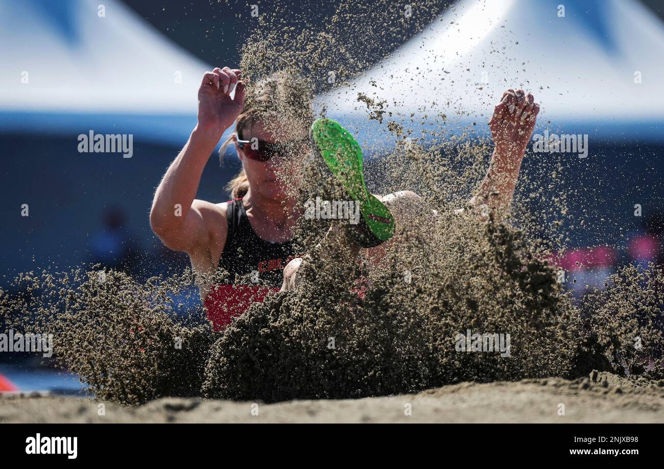 Rachel Machin competes in the women's long jump qualifying at the ...