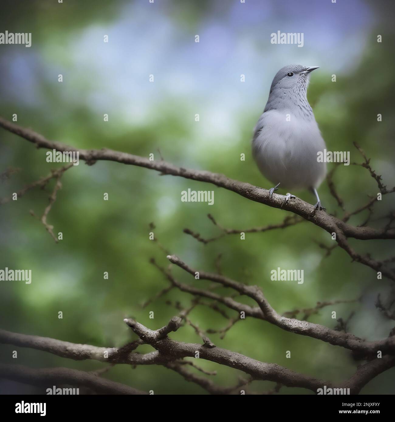 Mockingbirds perched on branches, green background on trees Stock Photo ...