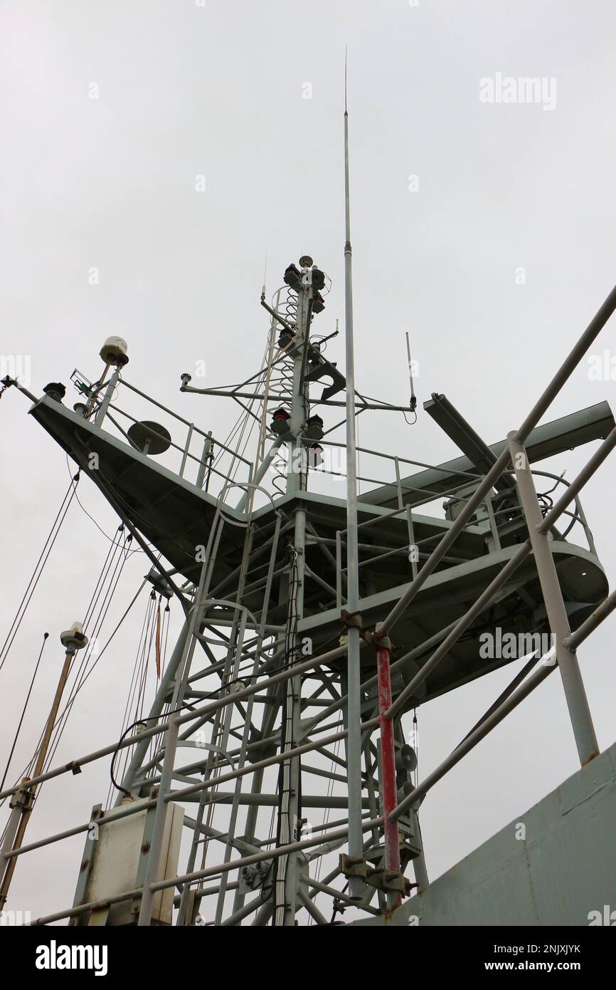 Communication mast and radar on Spanish patrol boat Serviola P-71 ...
