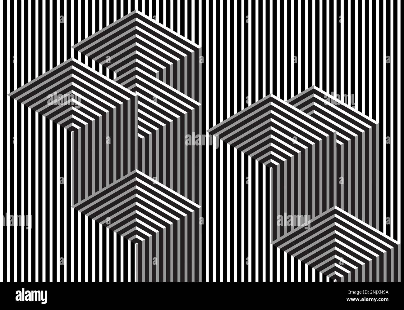 Optical art in black and white. Vertical stripes with shadows and voids ...