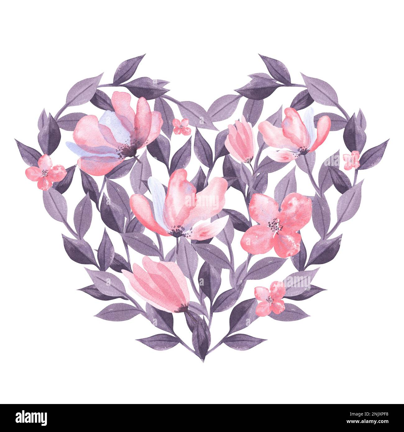 Floral heart shape with pink transparent flowers and violet leaves ...