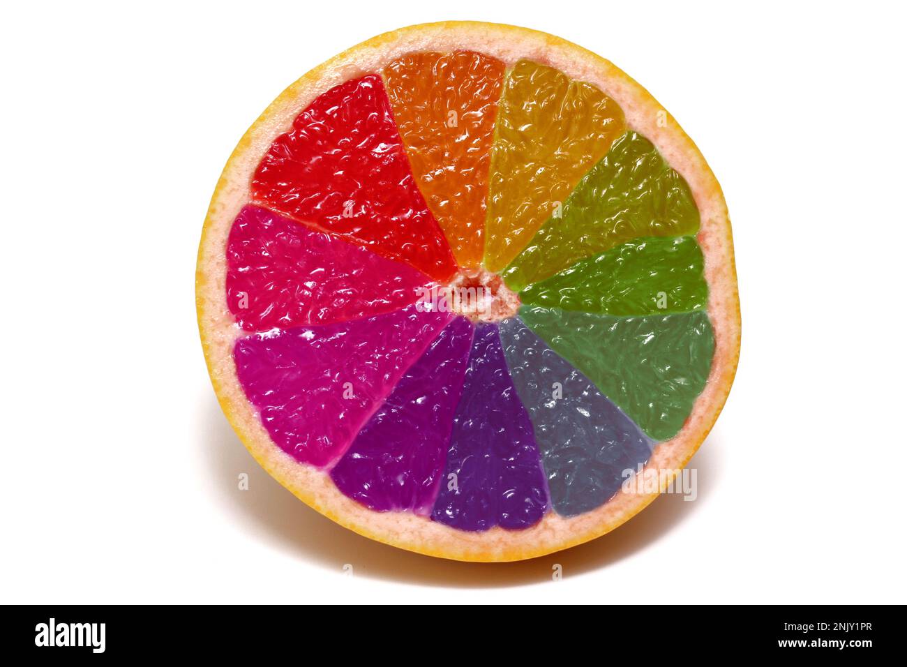 grapefruit (Citrus paradisi), halved grapefruit with fruit pulp rainbow ...