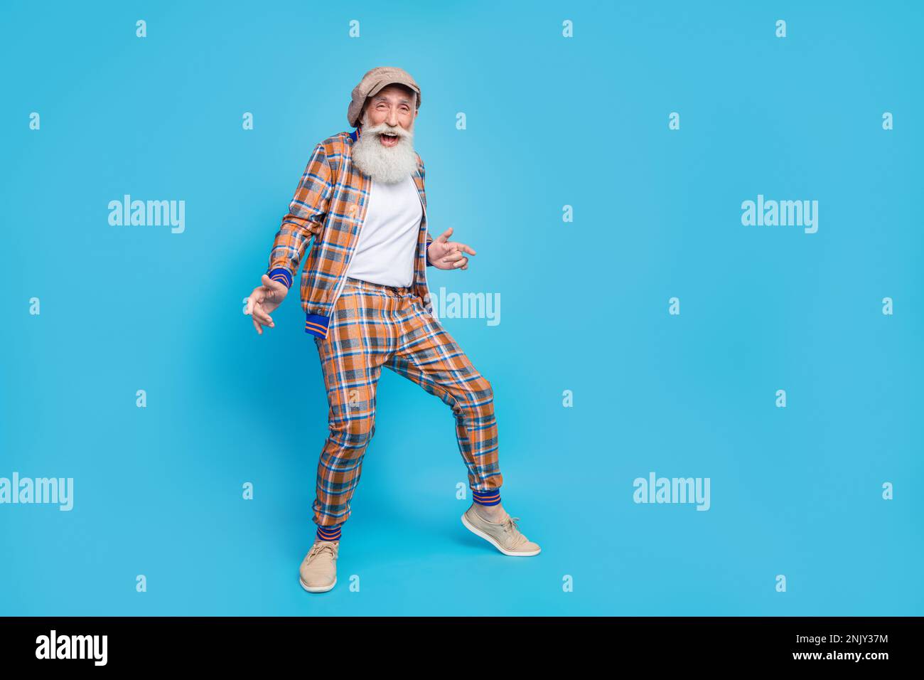 Full length photo of positive cool retired man dressed plaid suit ...