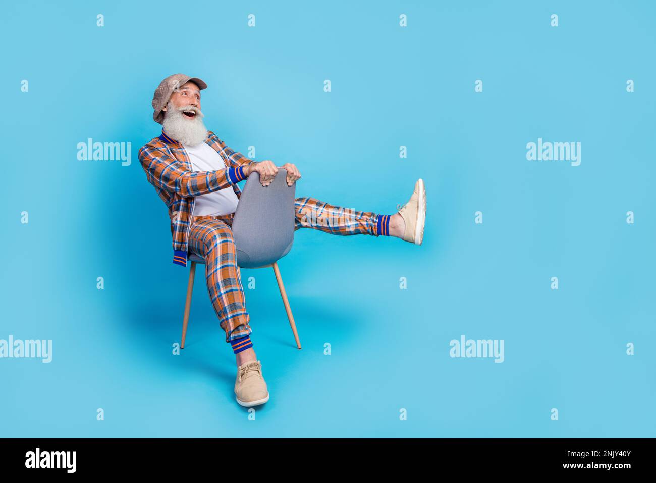 Full length photo of handsome excited man pensioner wear checkered ...