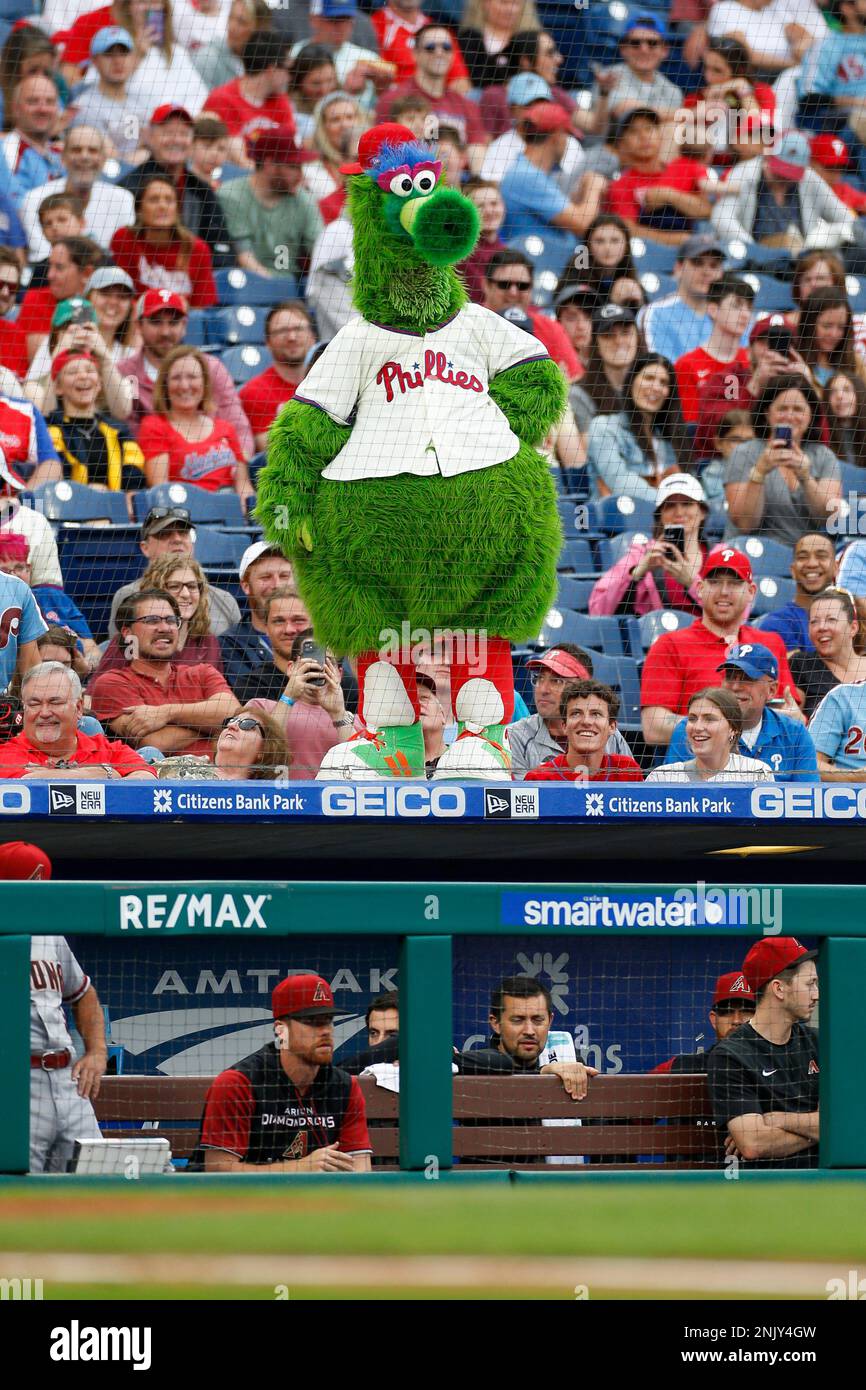PHILADELPHIA, PA - JUNE 11: The Phillie Phanatic entertains on top of ...