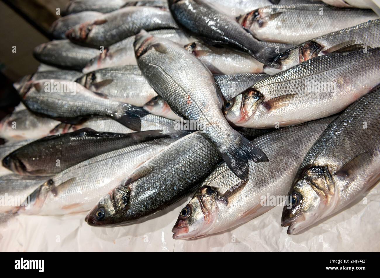 fresh fish laid out on the table with ice on fish market Stock Photo ...