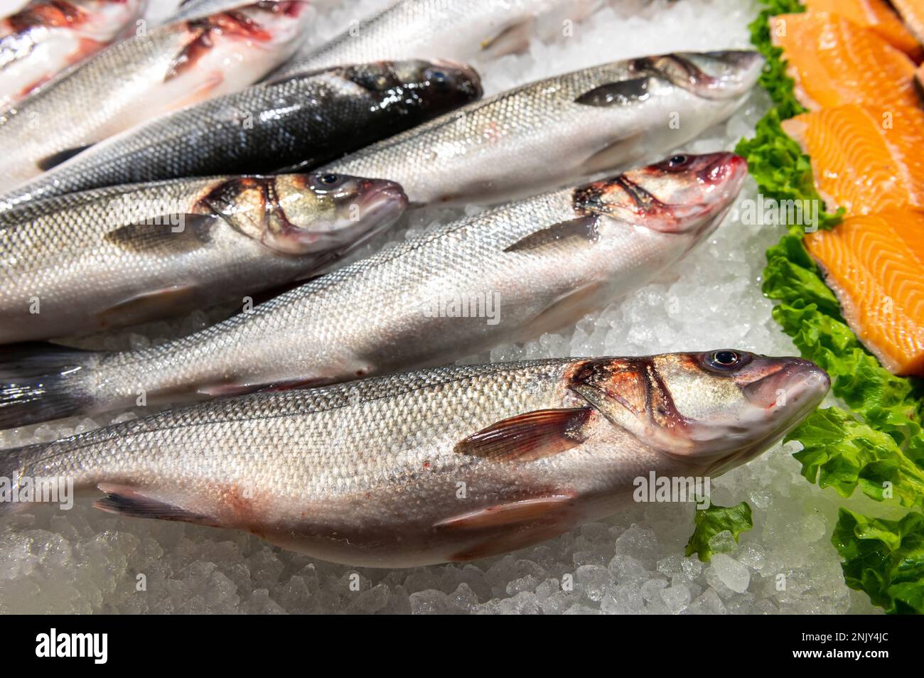 fresh fish laid out on the table with ice on fish market Stock Photo ...