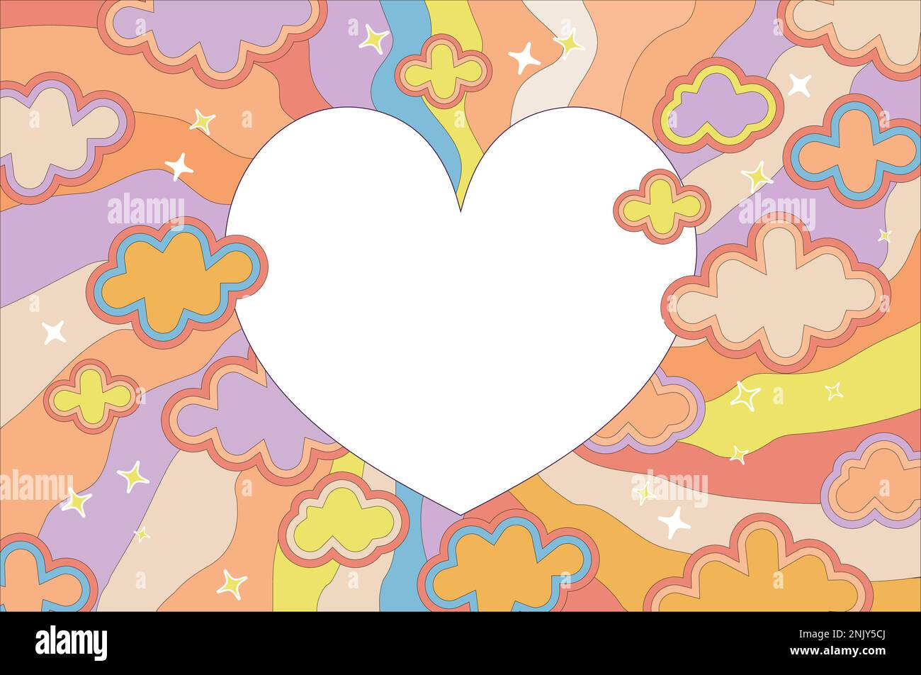 Groovy retro swirl sunburst with rays or stripes and heart frame in the ...