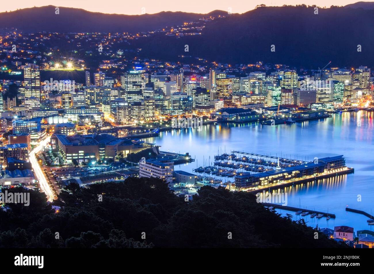 Aerial view of Wellington port with moored boats surrounded by ...