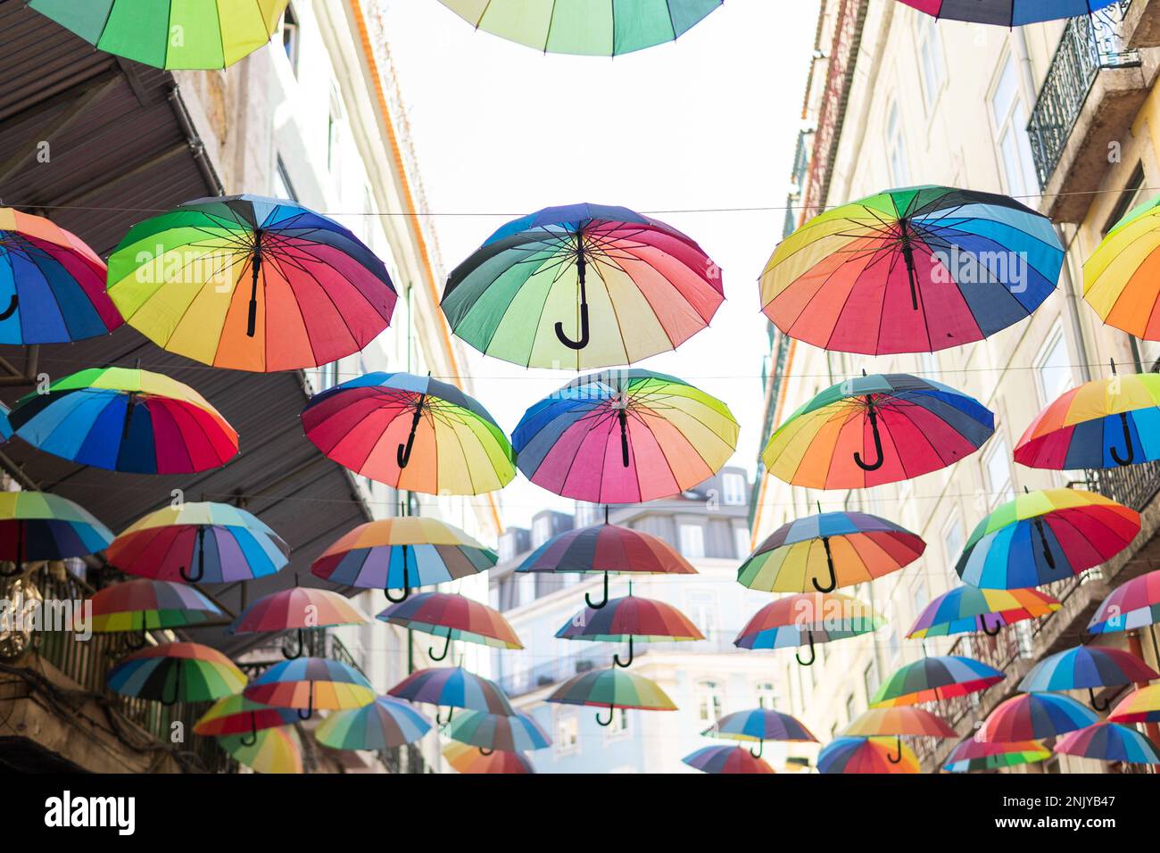 Low angle of multicolored umbrellas hanging on street in Lisbon between ...