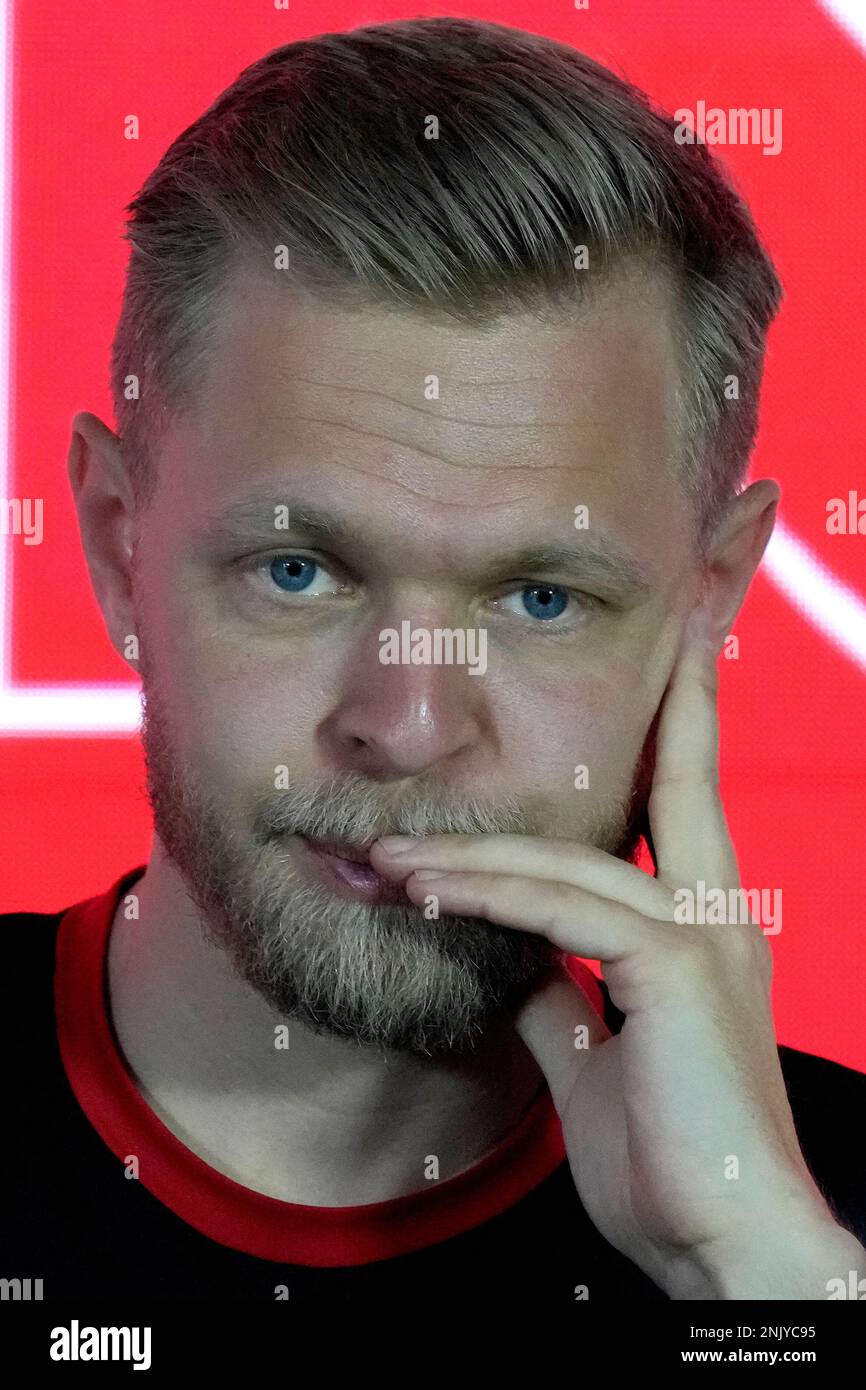 Haas driver Kevin Magnussen of Denmark pauses during a press conference ...