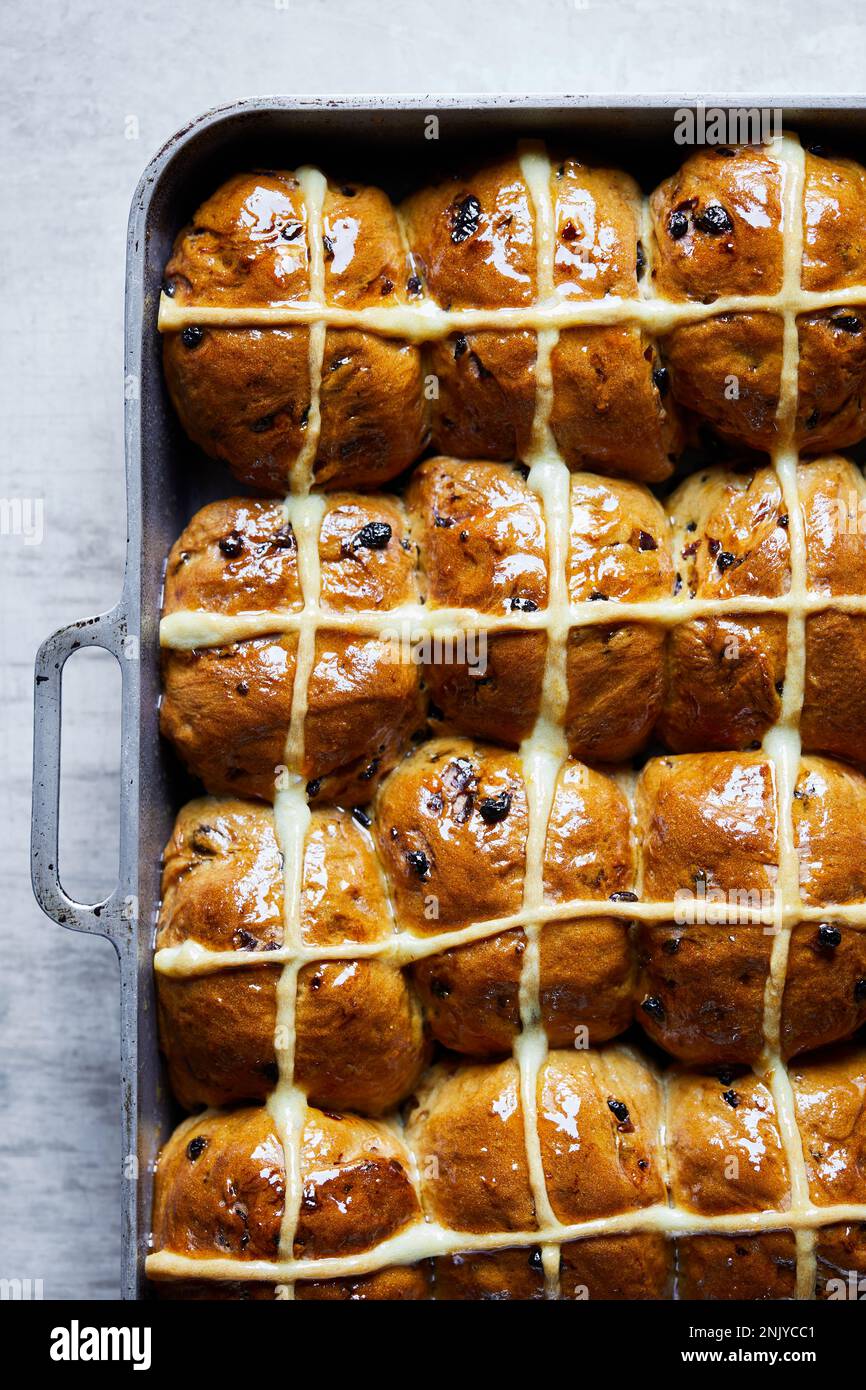 Top view full frame background of delicious baked homemade hot cross ...