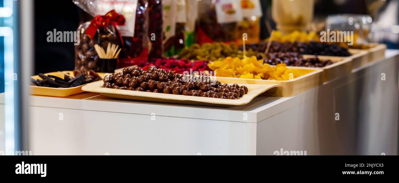 Trays With Sweets And Round Chocolates For Tasting. Small Depth Of ...