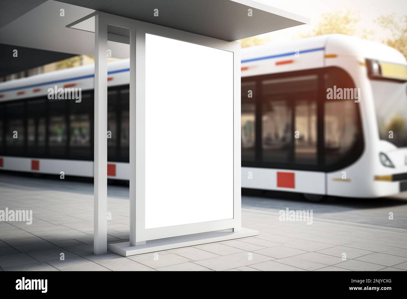 Tram station with white poster for advertising, mockup template Stock ...