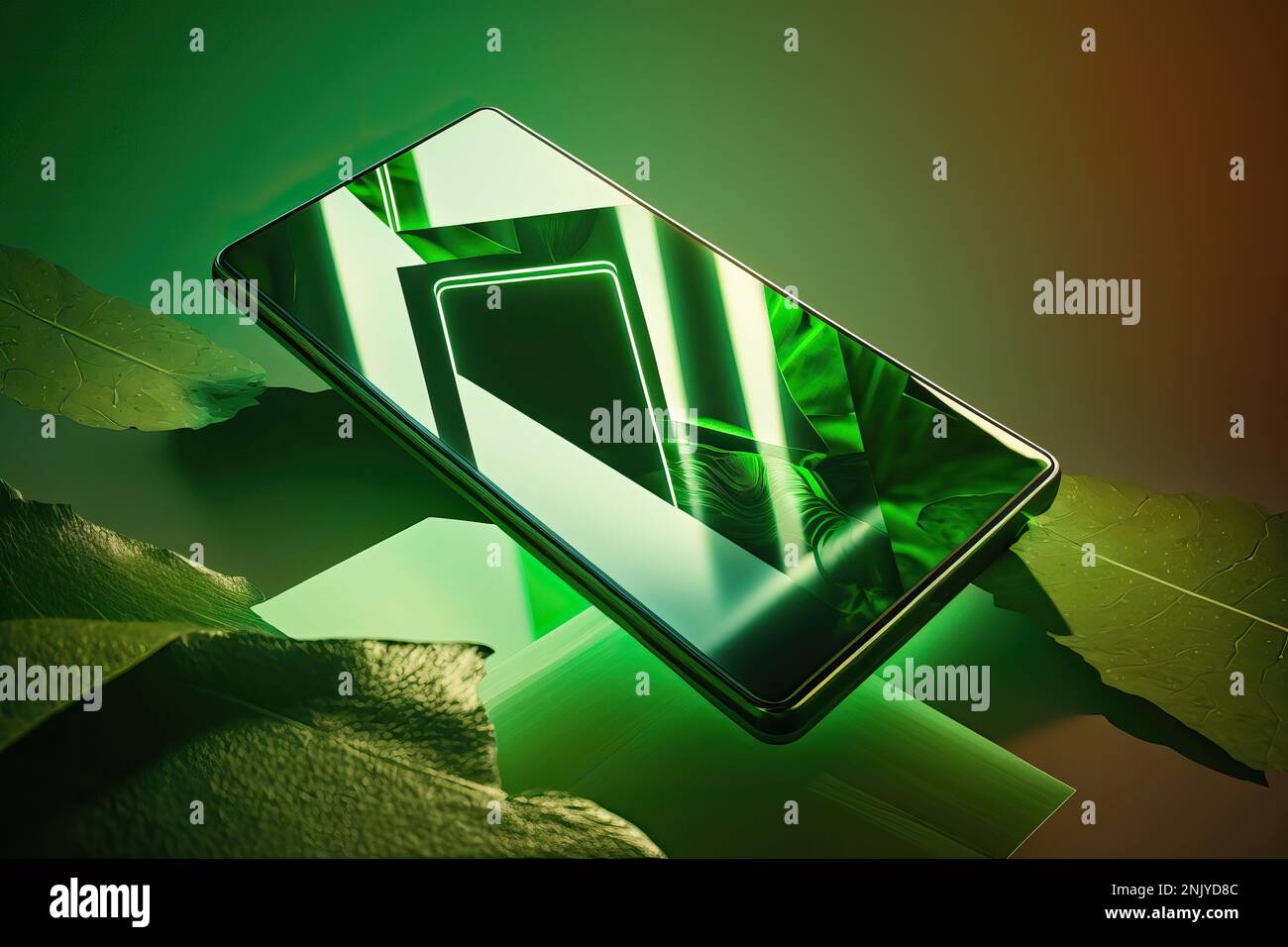 Futuristic model of smartphone with shiny screen placed on green ...