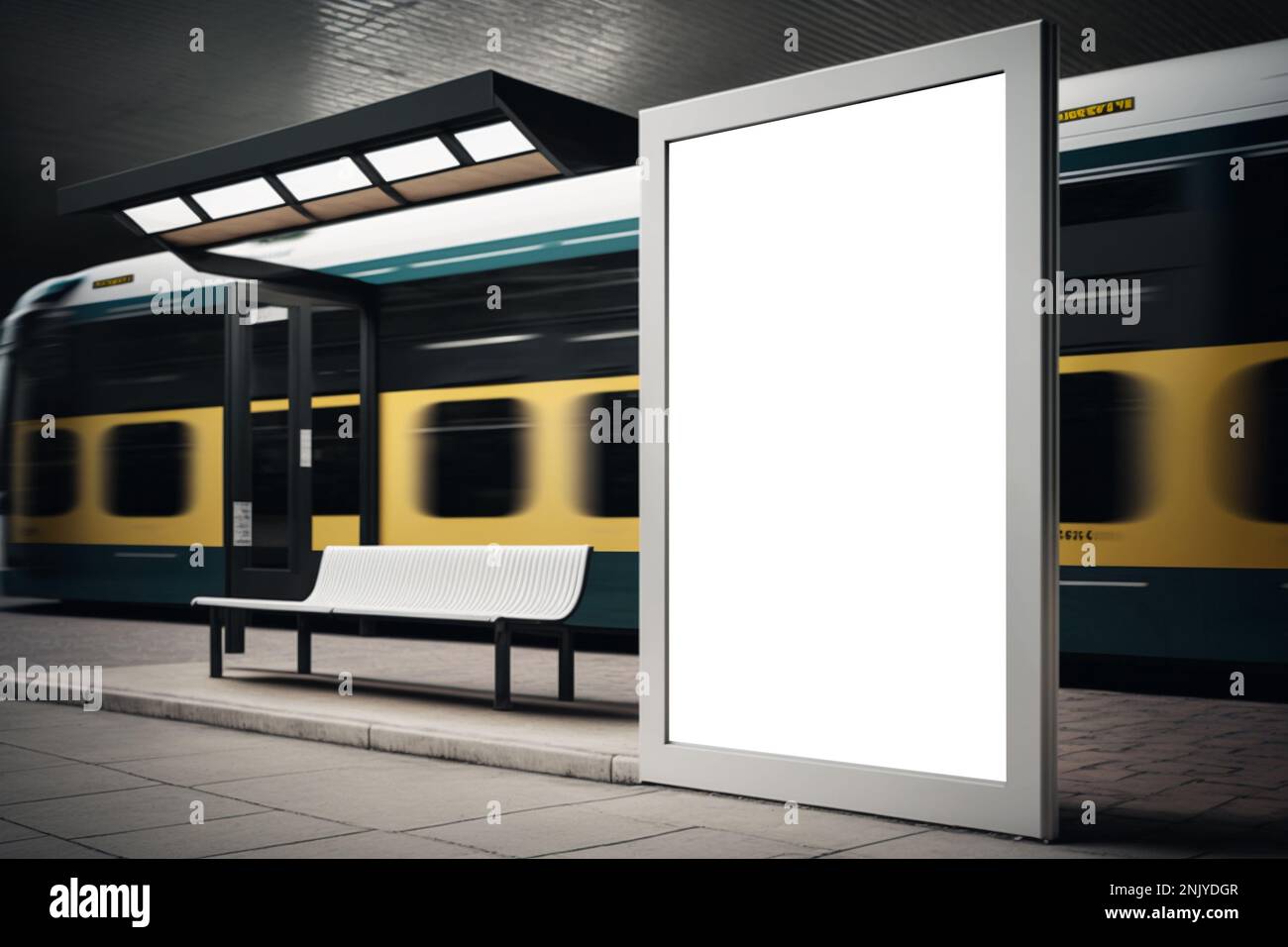 Tram station with white poster for advertising, mockup template Stock ...