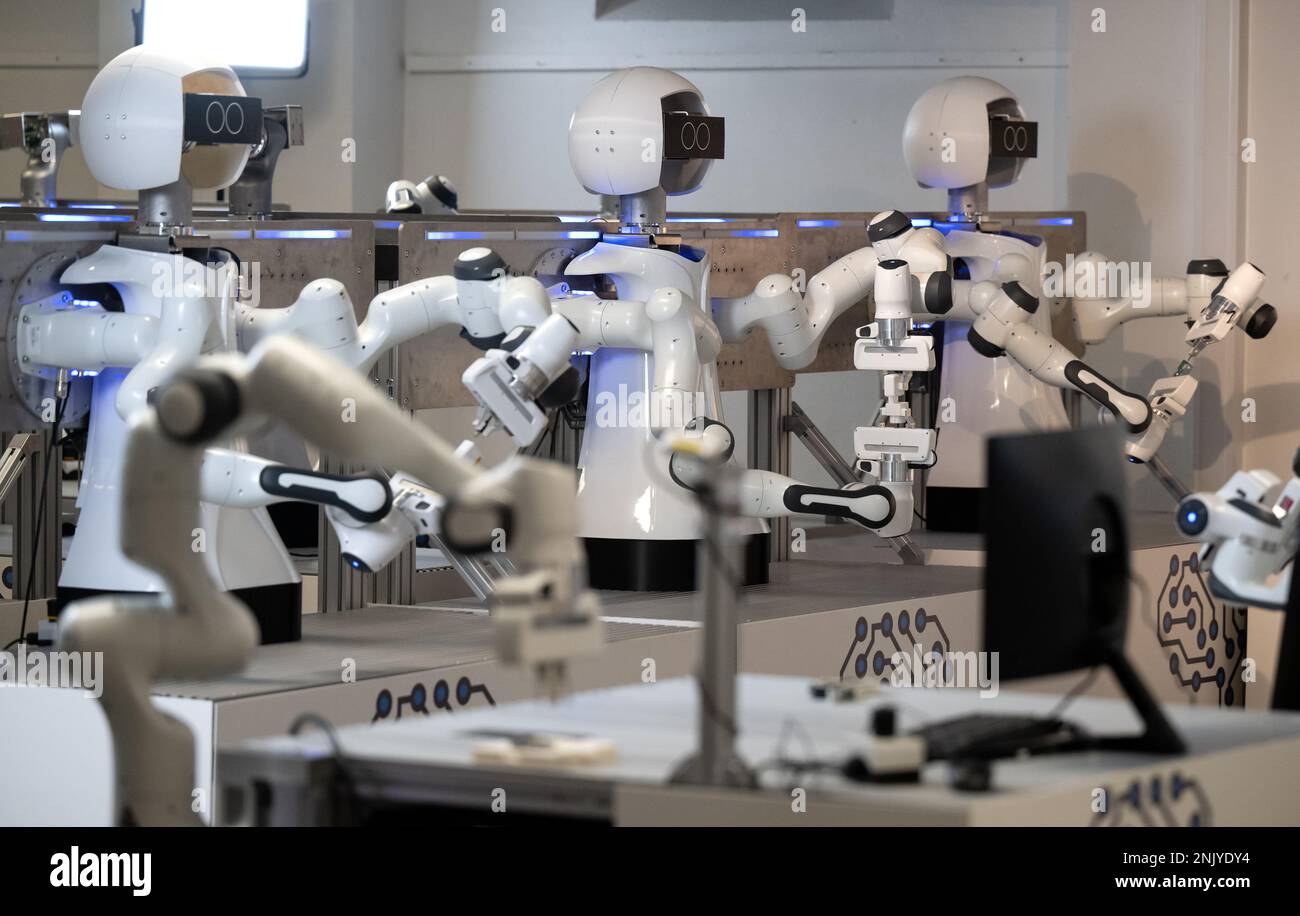 Munich, Germany. 23rd Feb, 2023. Robots stand in the AI.Factory of the Munich Institute of ...