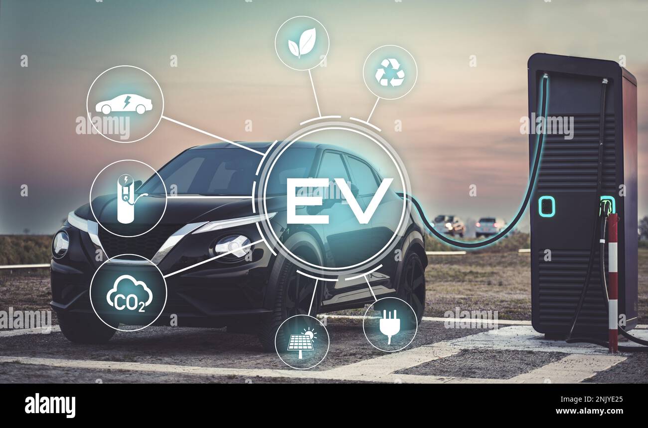 Charging hybrid EV. Charge battery of new electric vehicle. Green eco ...