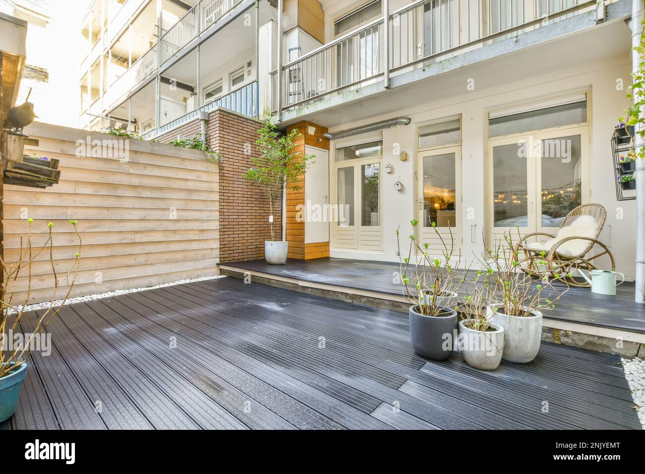 Spacious veranda of modern apartment in multistory residential building ...