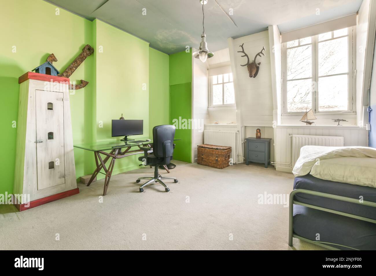 Interior design of bedroom with comfortable bed placed near windows ...