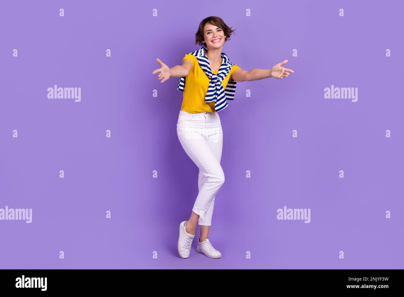 Full length photo of cheerful joyful lady wear bright outfit open arms ...