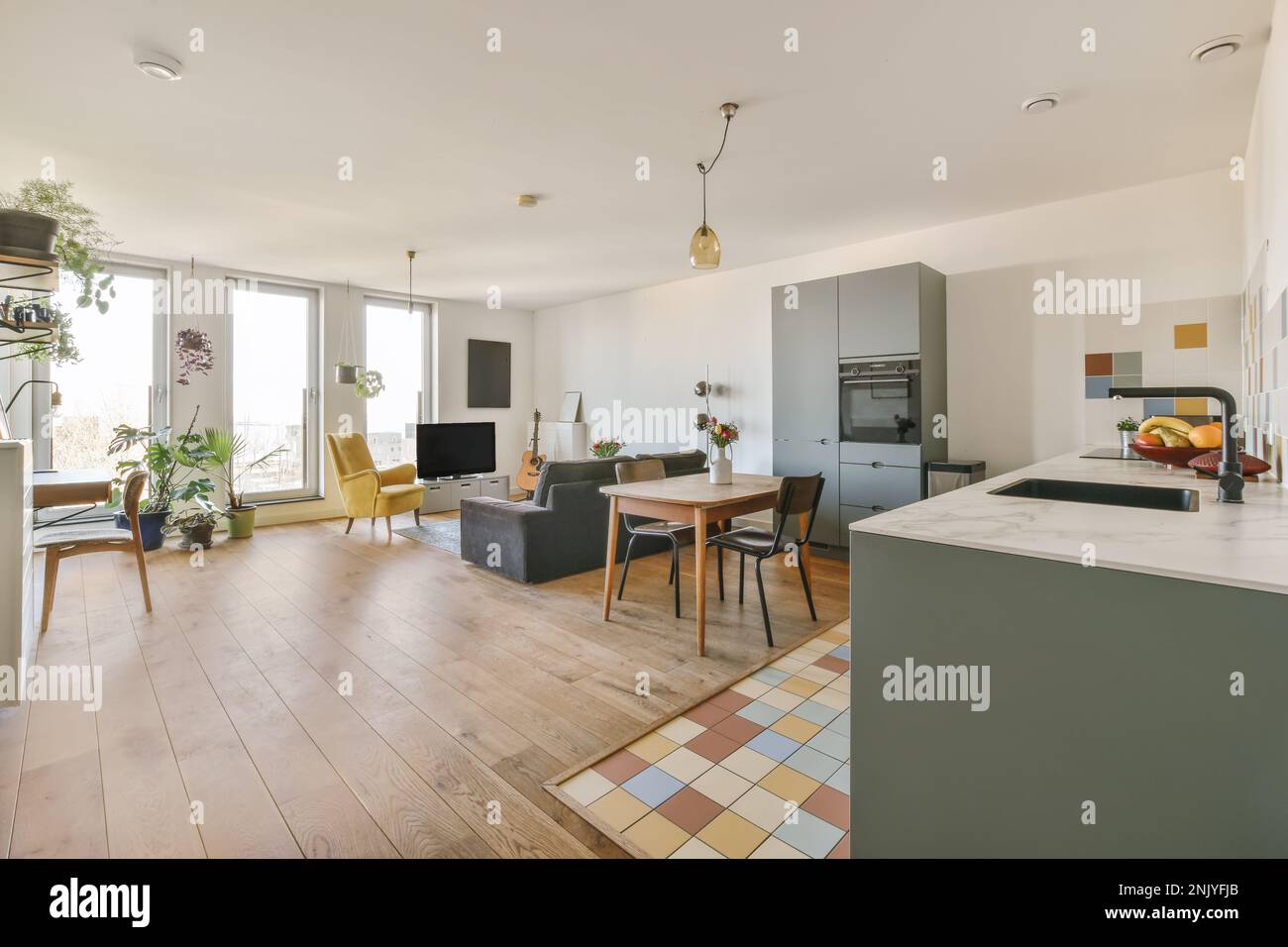 Interior design of modern spacious studio apartment with lounge zone ...