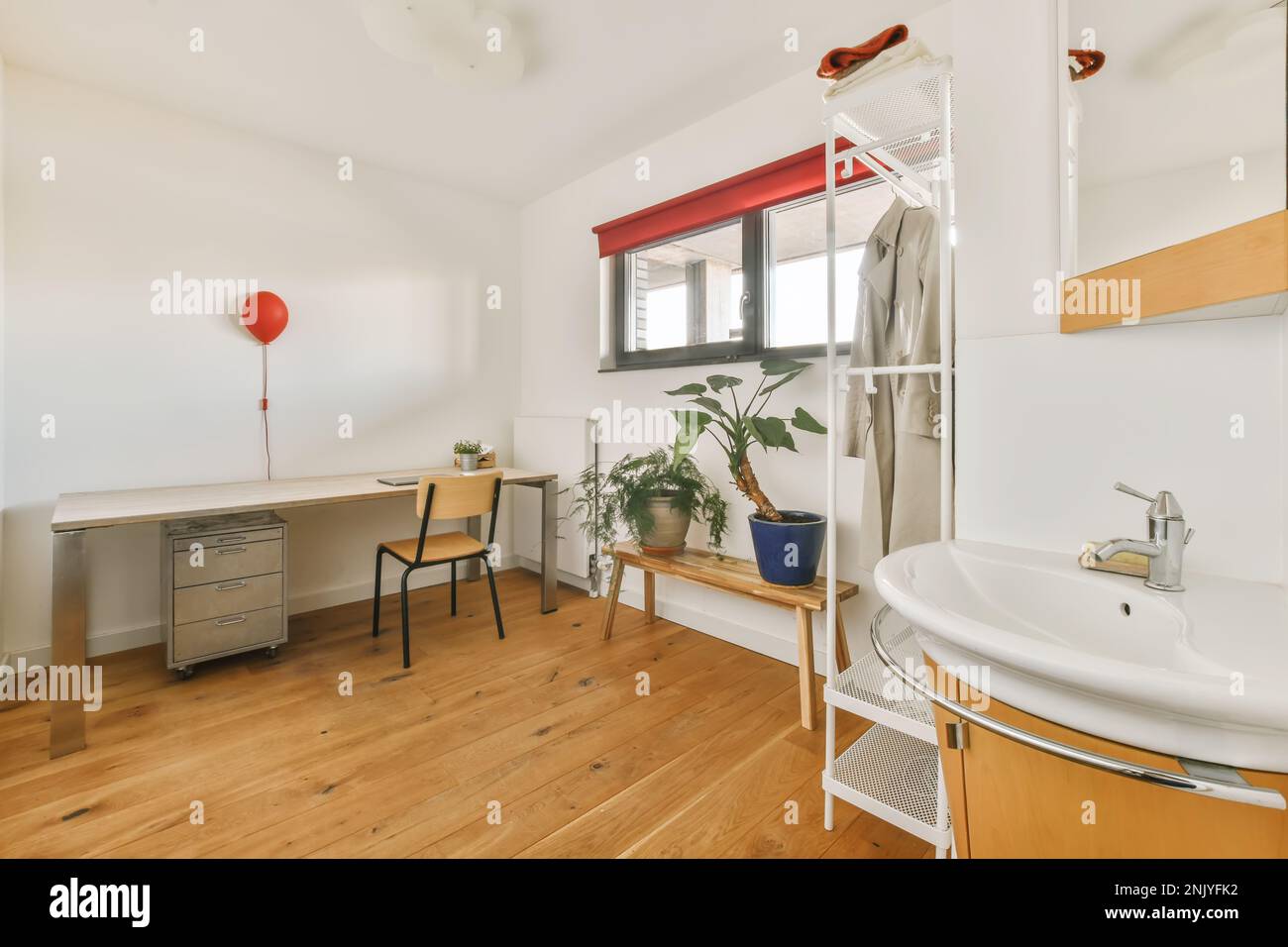 Interior design of modern light studio apartment with wooden floor ...