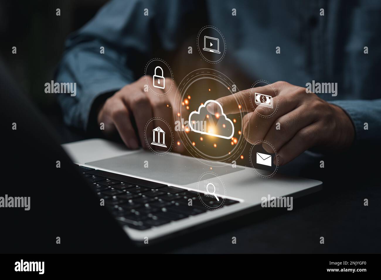 Businessman Hand Touching With Cloud Computing Diagram Cloud Technology Data Storage Network