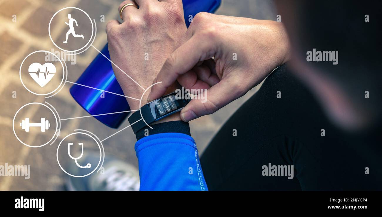 Man running in the park. Healthy runner with smart fit watch ...