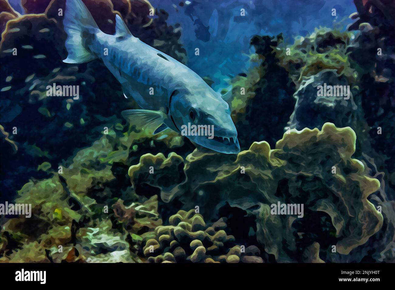 Digitally created watercolor painting of a large Great Barracuda ...