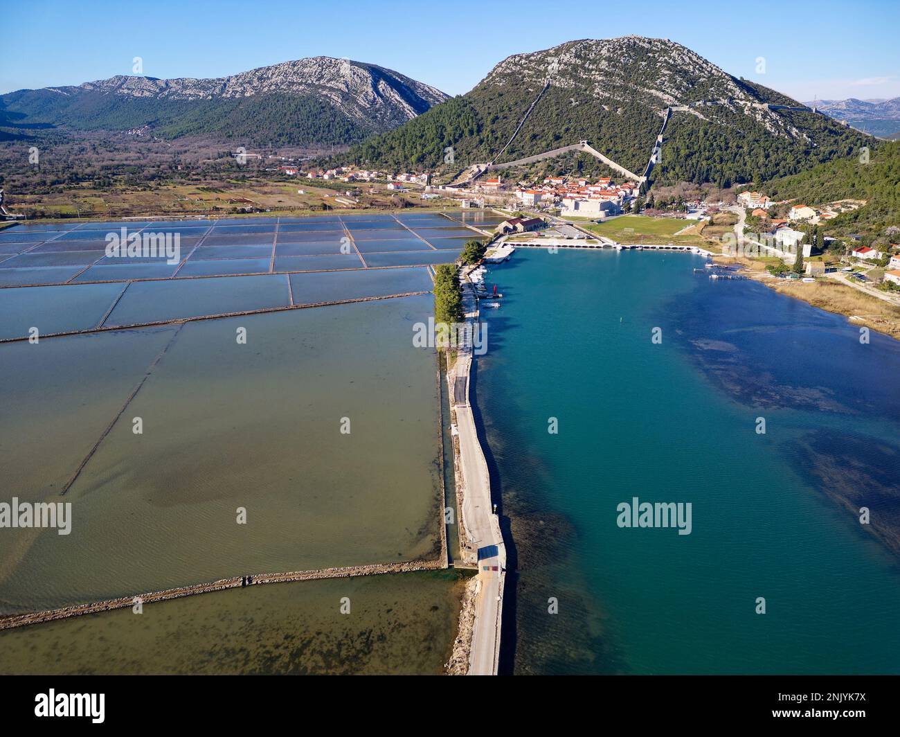 Aerial drone view of the salt pan in the city of Ston in Croatia ...