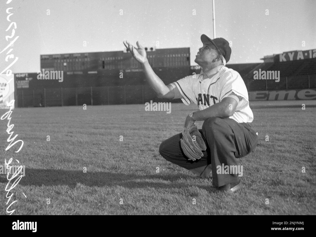 Willie Mays poses inside Seals Stadium during an October 31, 1957 photo ...