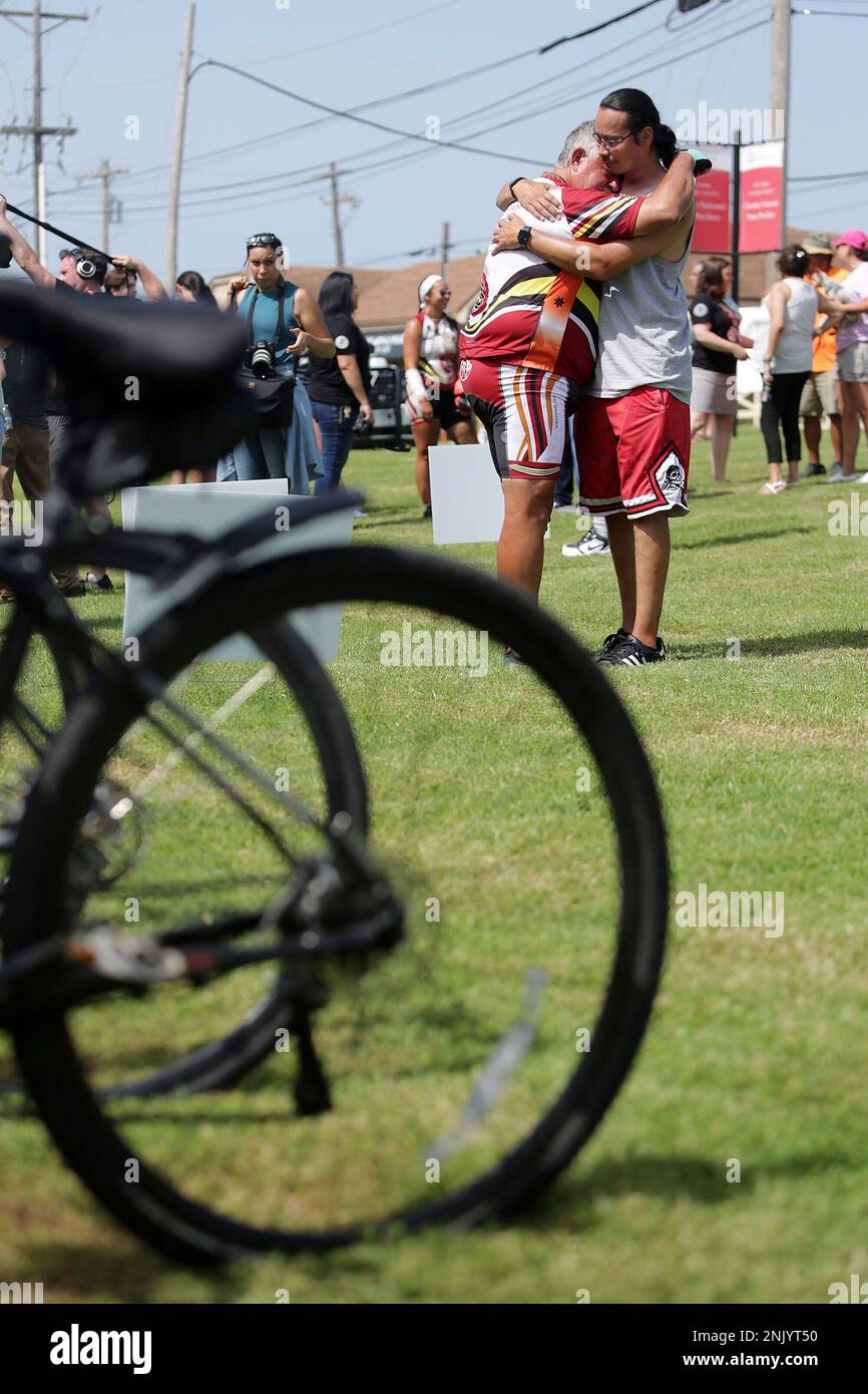 Larry Blythe, Eastern Band of Cherokee Indian cyclist, is welcomed by ...