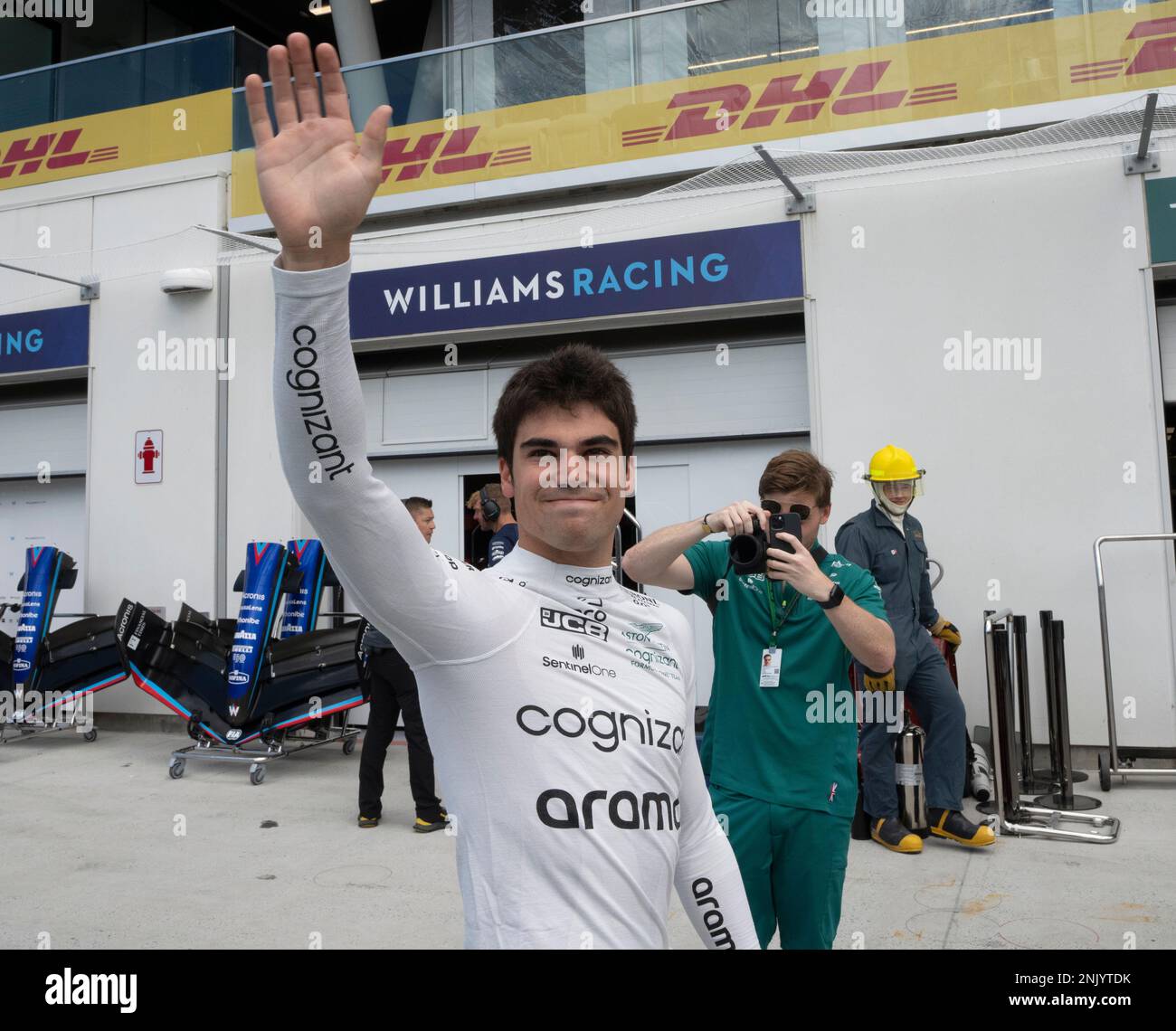 Aston Martin driver Lance Stroll, of Canada, waves to fans before the ...