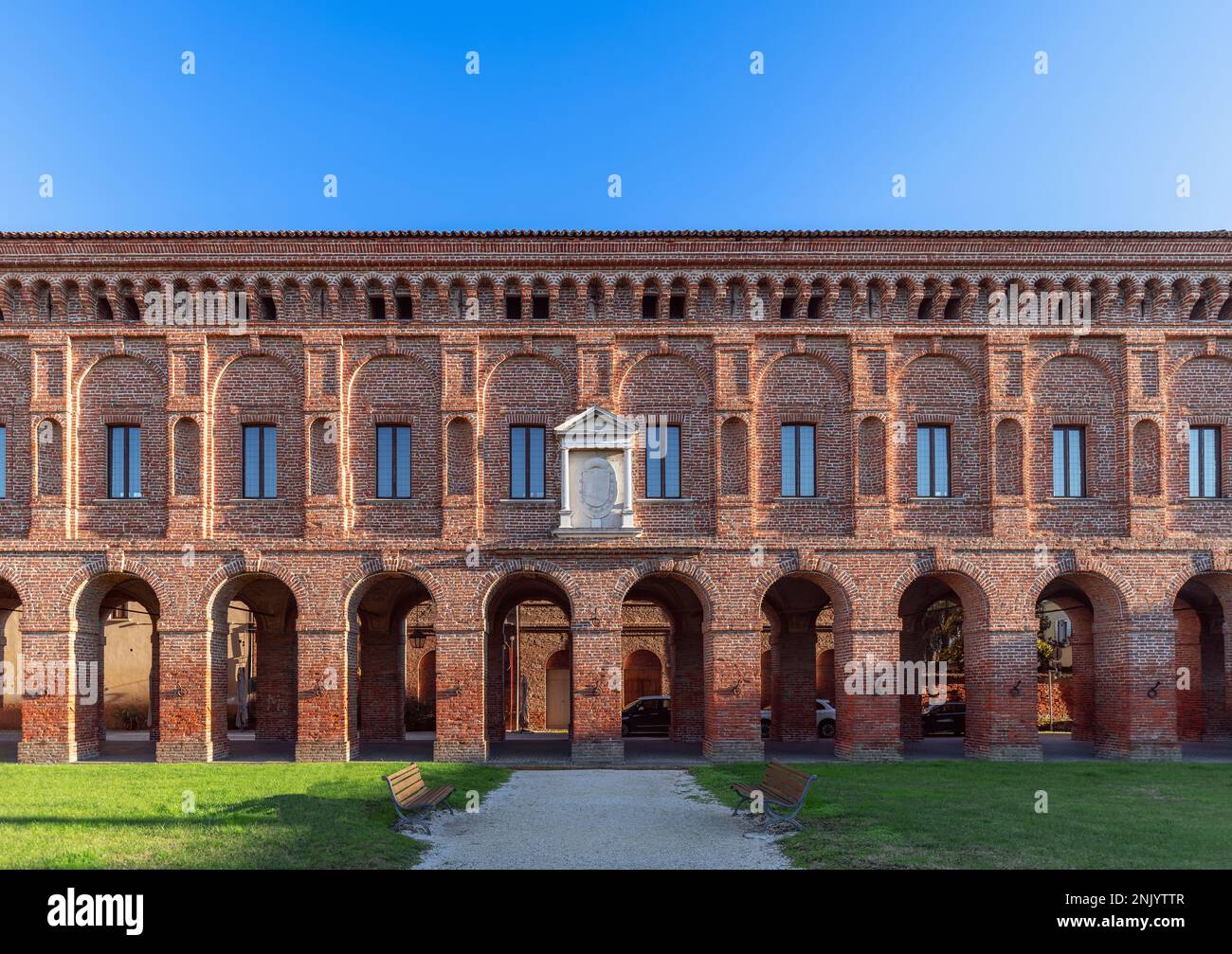 Beautiful red brick facade with columns and arches of Galleria degli ...